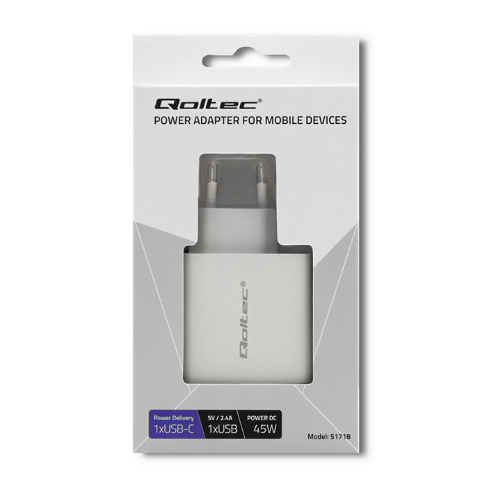 Ładowarka sieciowa Qoltec 51718 45W | 20V | 3A | 1xUSB-C PD, 1xUSB ...